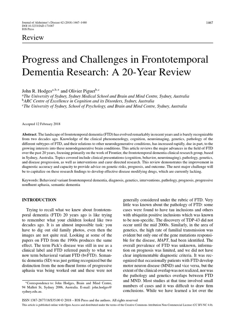 Progress and Challenges in Frontotemporal Dementia Research: A 20-Year Review | PDF