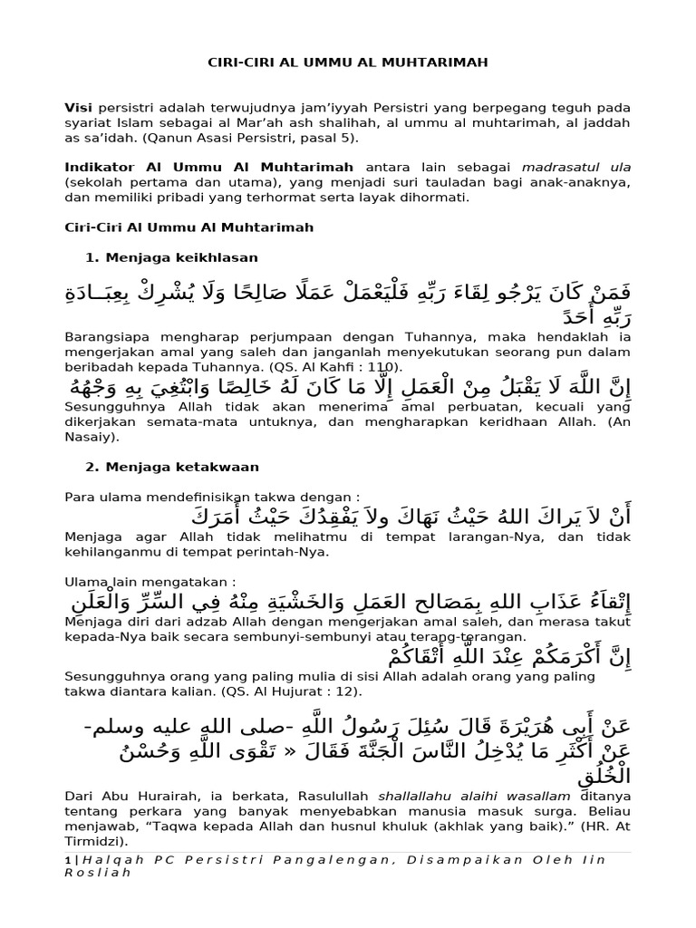 Ciri-Ciri Al Ummu Al Muhtarimah | PDF
