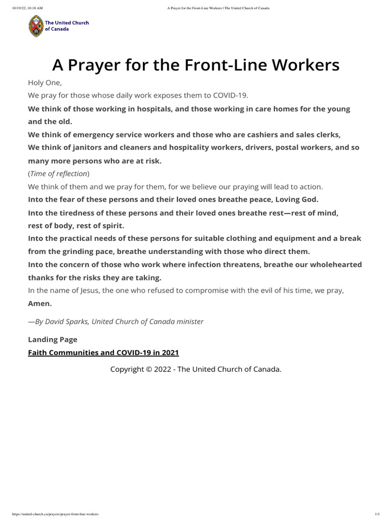 A Prayer For The Front-Line Workers - The United Church of Canada | PDF