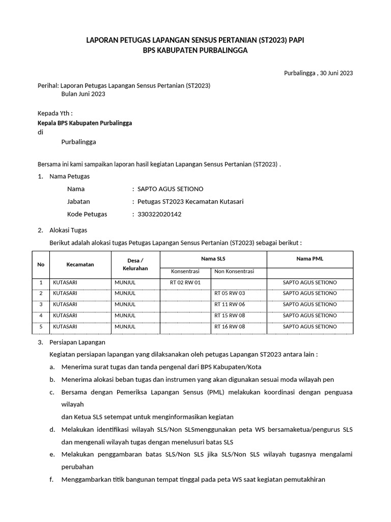 Sapto Agus Setiono - Laporan Pencacahan ST2023 | PDF