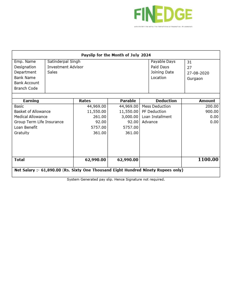 Payslip For The Month of July 2024: System Generated Pay Slip. Hence ...