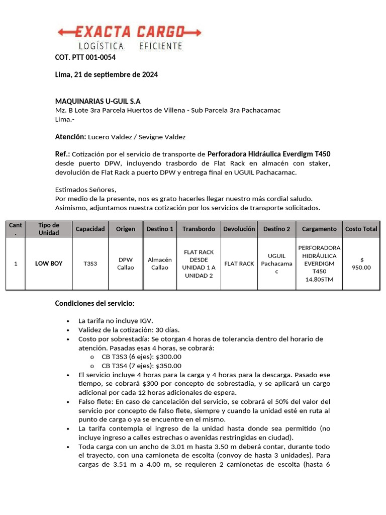 COT. PTT 001-0054 Lima, 21 de Septiembre de 2024 Maquinarias U-Guil S.A ...