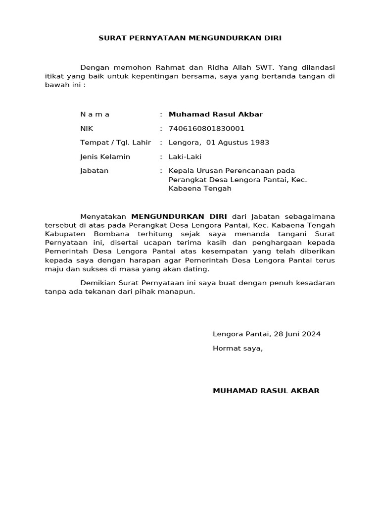 Surat Pernyataan Mengundurkan Diri | PDF