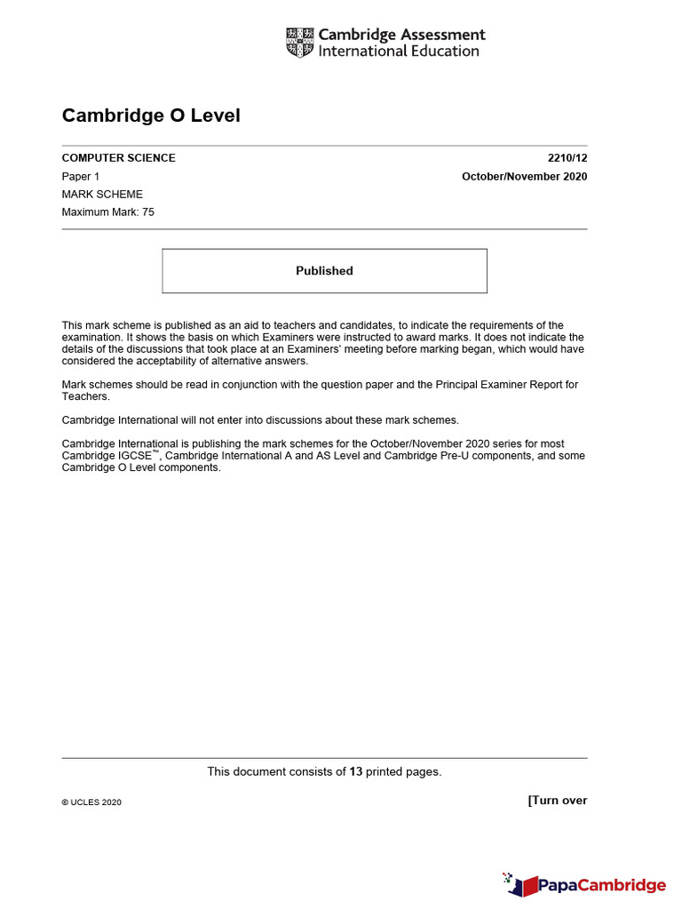 Cambridge O Level: Computer Science 2210/12 October/November 2020 | PDF