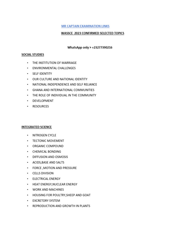 2023 Wassce Confirmed Selected Topics | PDF