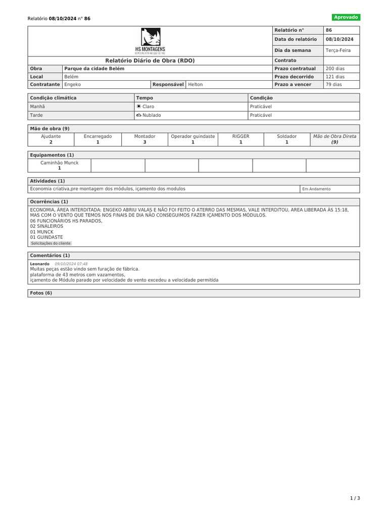 Relatório Diário De Obra Rdo N° 86 08 10 2024 Pdf