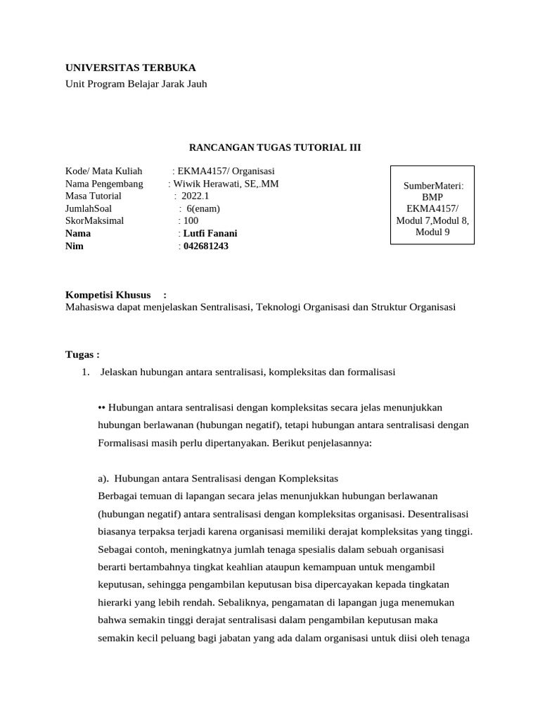 TT 3 ORGANISASI - Lutfi Fanani - 042681243 | PDF