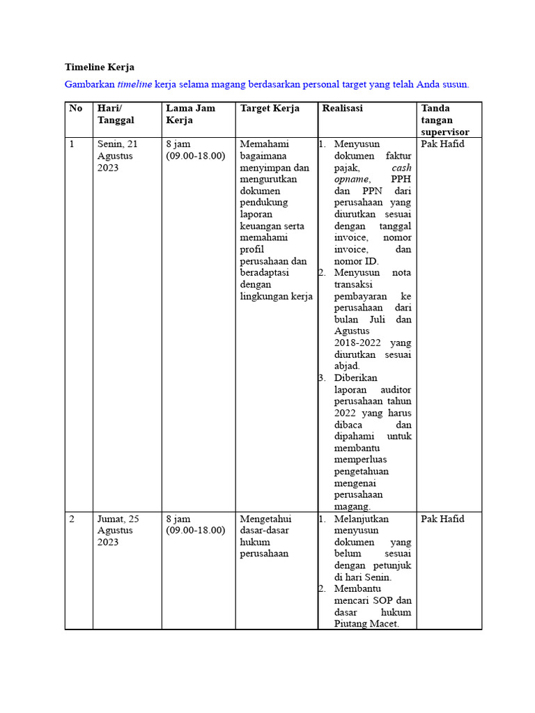 TimeLine Kerja Magang | PDF