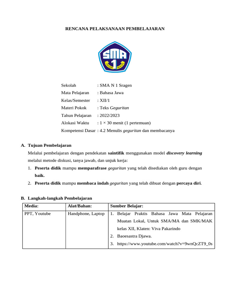 RPP Bahasa Jawa | PDF