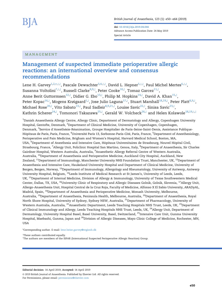 Management of Suspected Immediate Perioperative Allergic Reactions - An ...