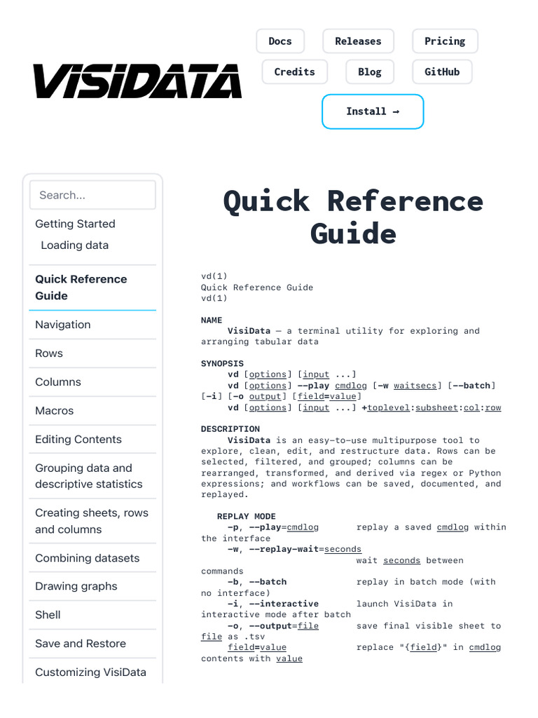 Quick Reference Guide | Docs | VisiData | PDF