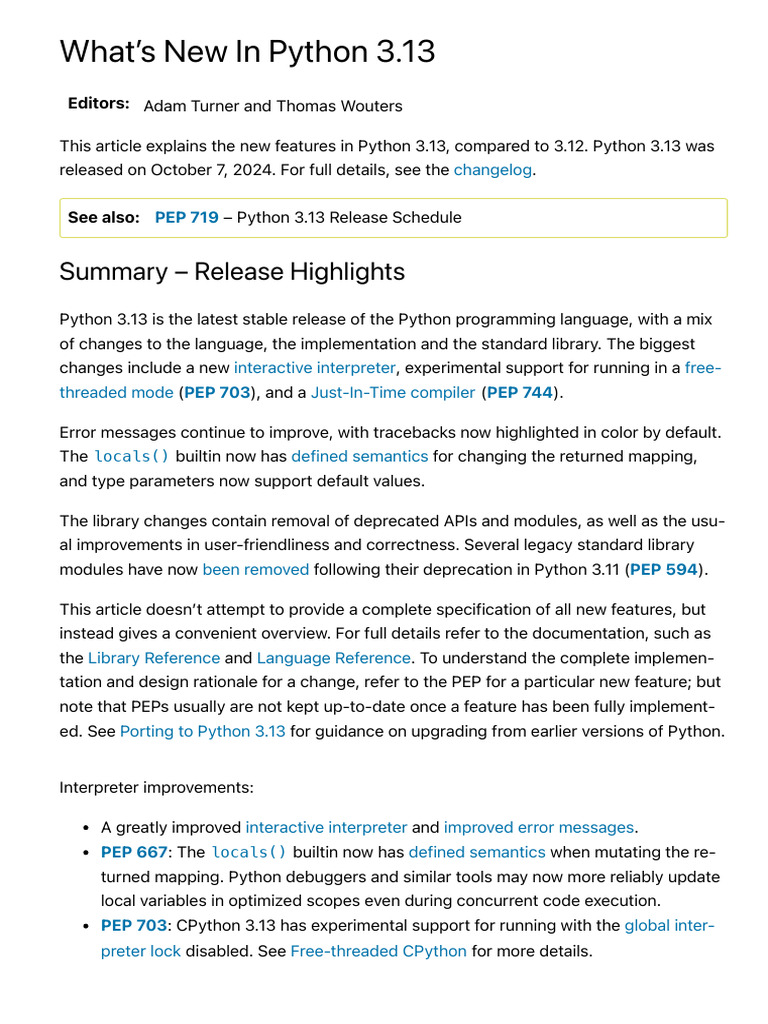 What's New in Python 3.13 - Python 3.13.0 Documentation | PDF