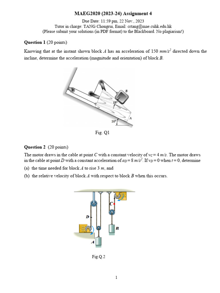 CUHK MAEG2020 Engineering Mechanics Assignment 4 (2023) | PDF