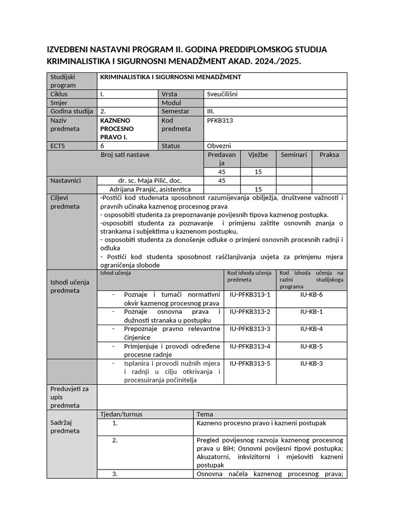 II. Godina Preddiplomskog Studija KSM Izvedbeni Program - 2024.2025. | PDF