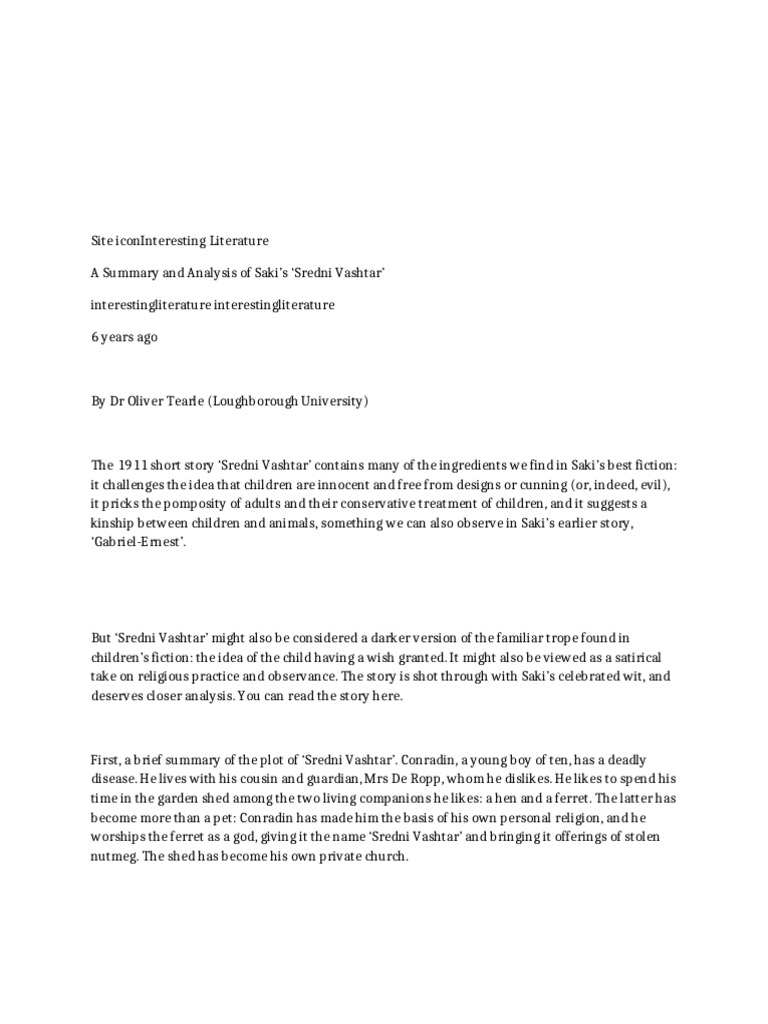 Analysis of Saki's 'Sredni Vashtar' | PDF | Saki