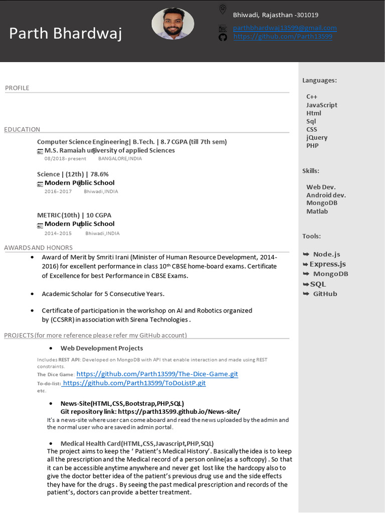 Parth - MSRUAS - Resume - Parth Bhardwaj | PDF
