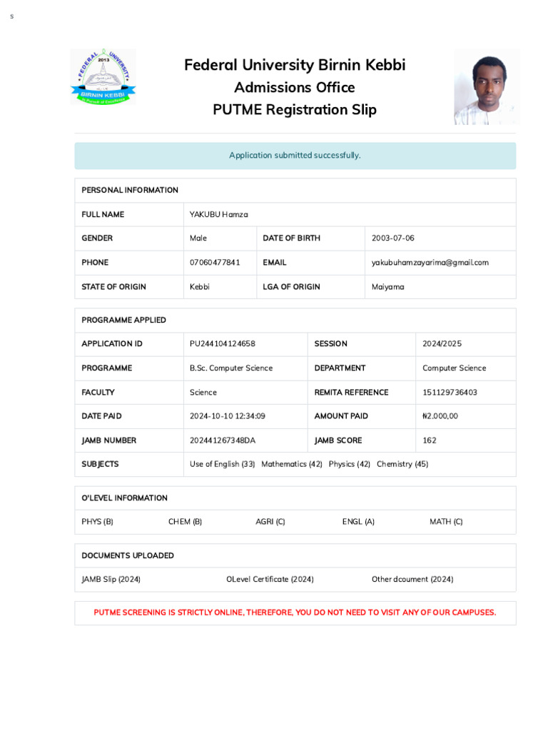 FUBK-PGS Applicantion Form Printout For YAKUBU Hamza | PDF