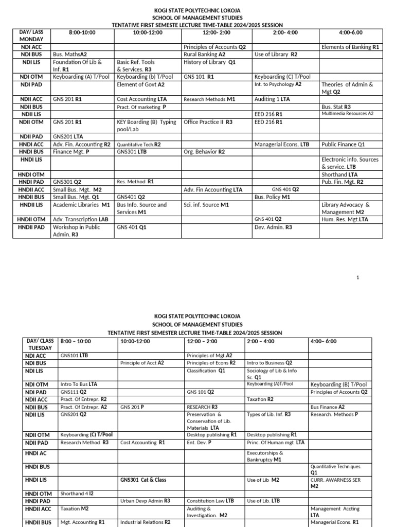 2024 First Semester Timetable-1 | PDF
