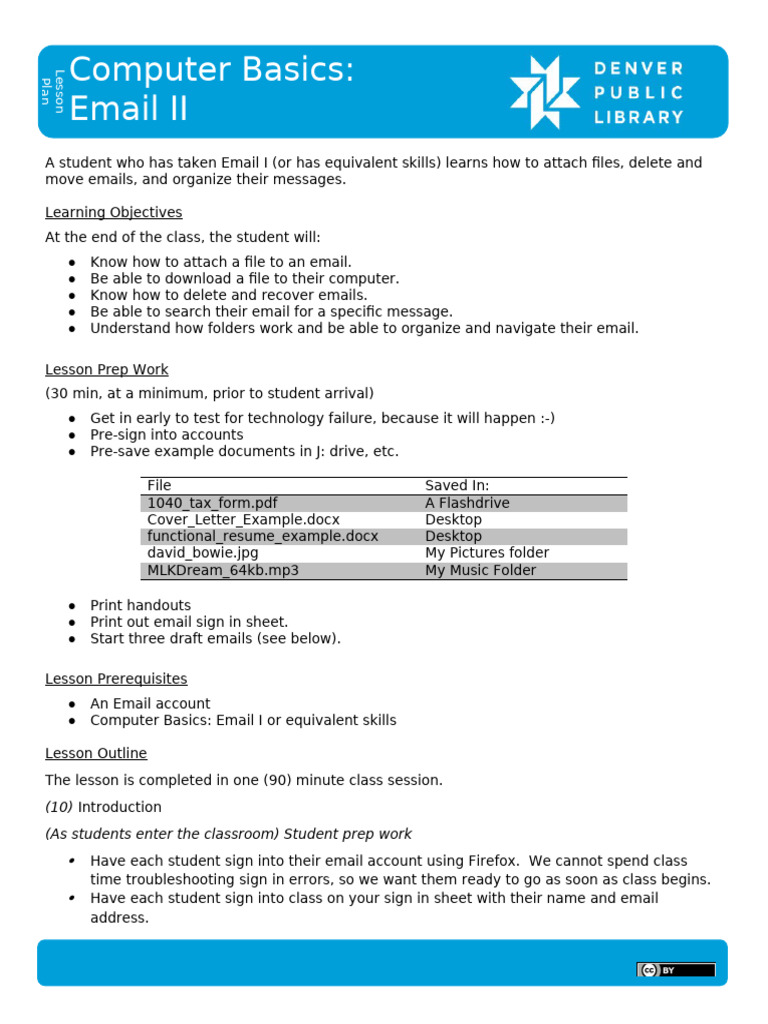 Computer Basics - Email II Lesson Plan - 0 | PDF