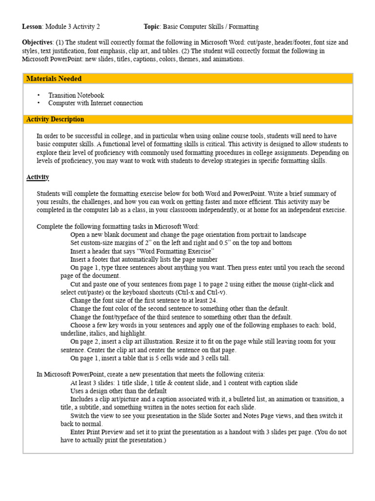 M3A2 Plan Basic Computer Skills Formatting | PDF