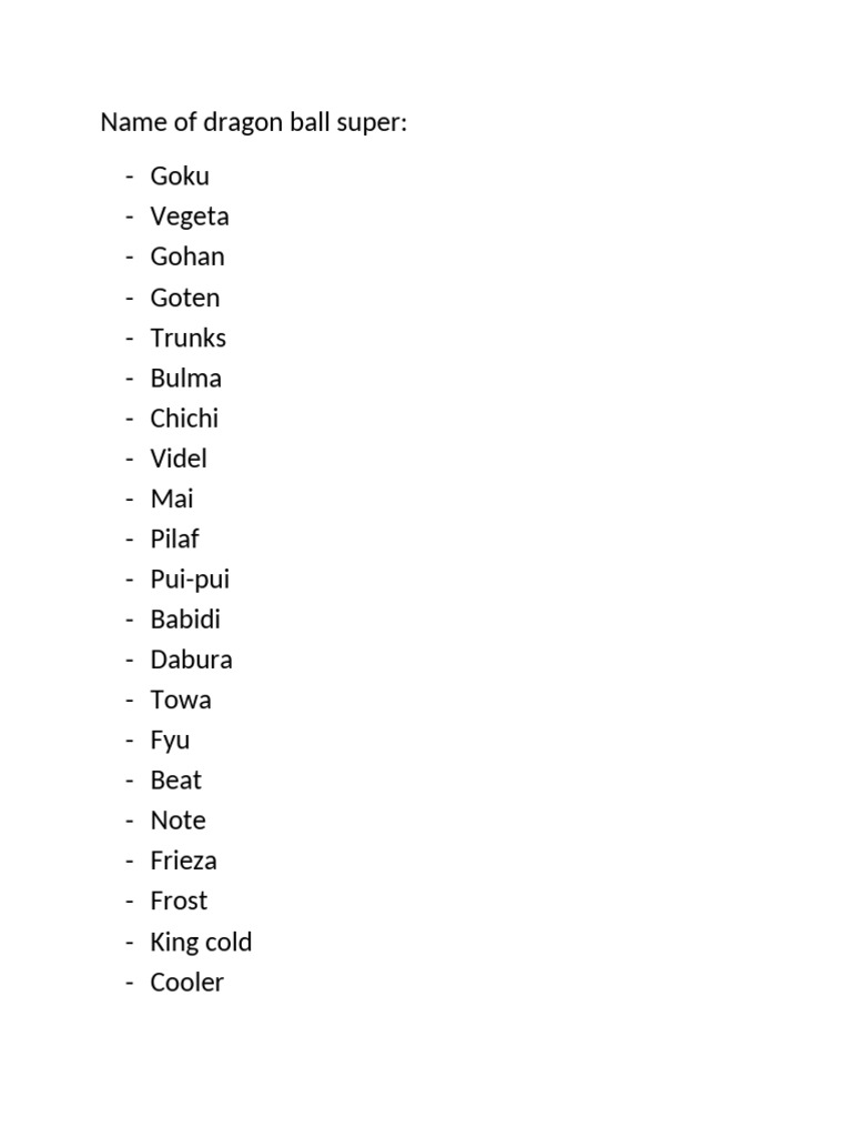 Name of Dragon Ball Super Characters | PDF