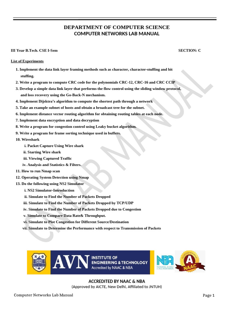 Department of Computer Science: Computer Networks Lab Manual | PDF
