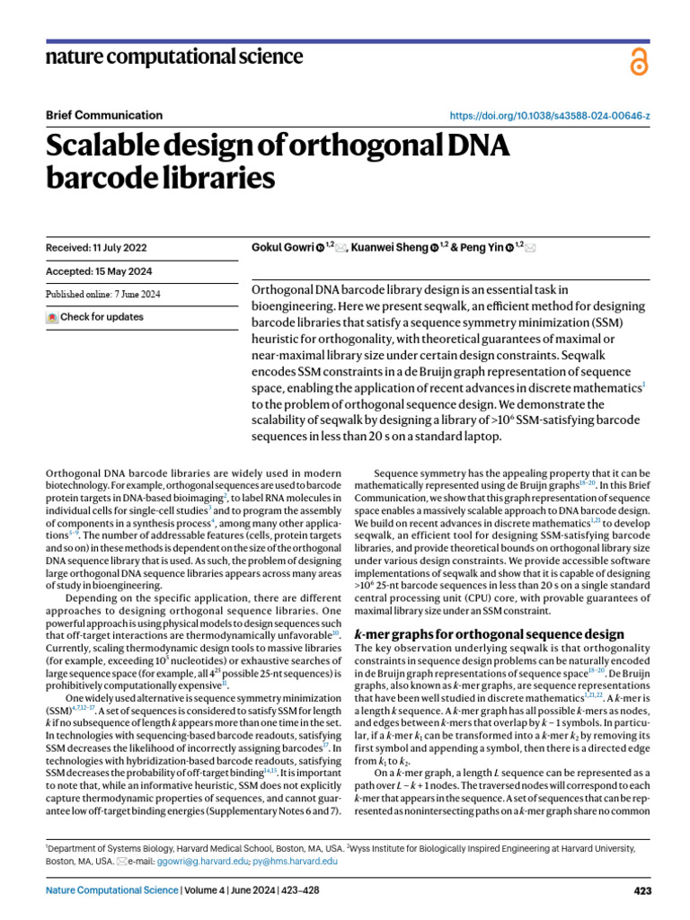 Scalable Design of Orthogonal DNA Barcode Libraries | PDF
