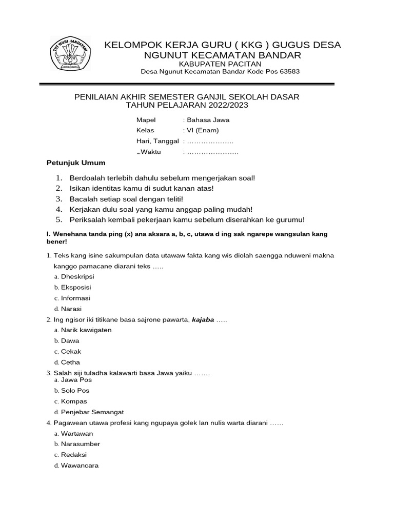 Soal PAS Kelas 6 Semester 1 Bahasa Jawa Tahun 2022 | PDF