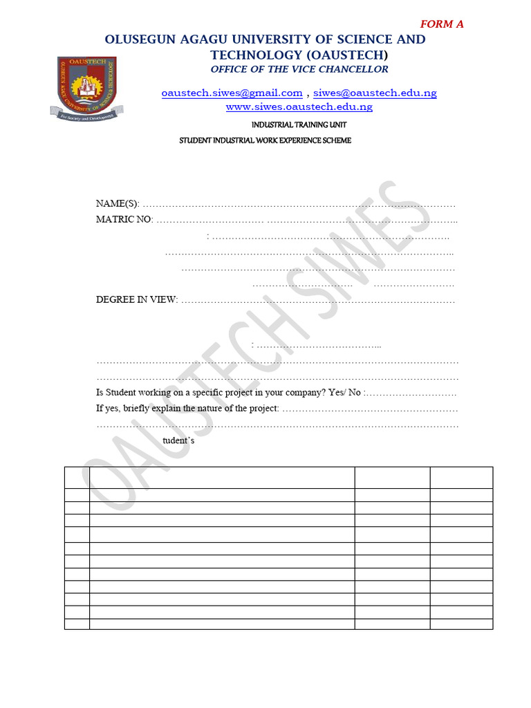 Siwes Form A | PDF | Psychological Concepts | Cognition