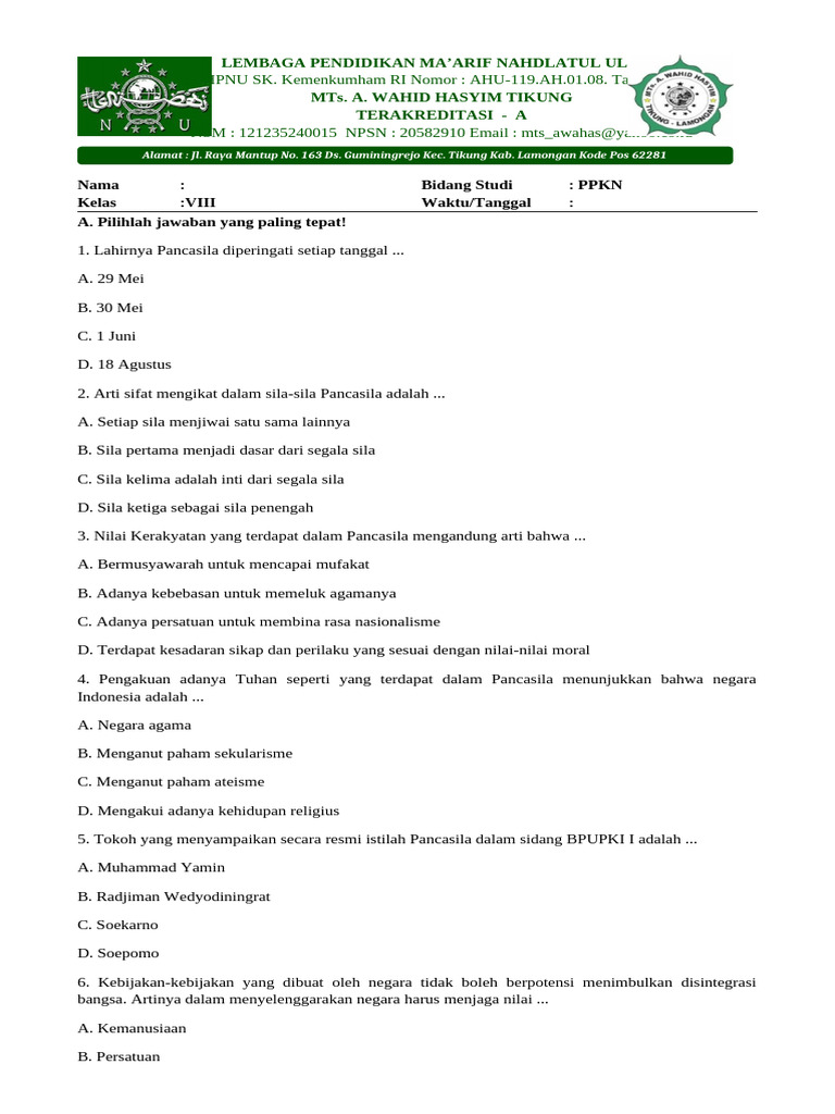Soal Uts PKN Kelas Viii 2023 | PDF
