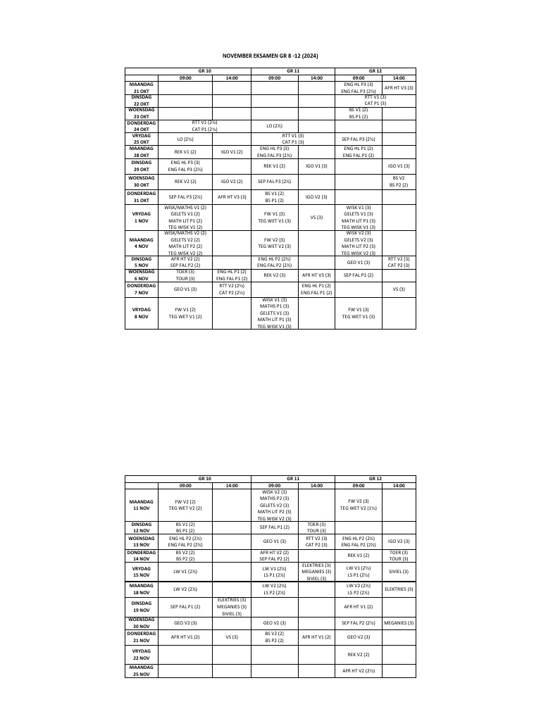 Exam Schedule for Grades 8-12 (2024) | PDF
