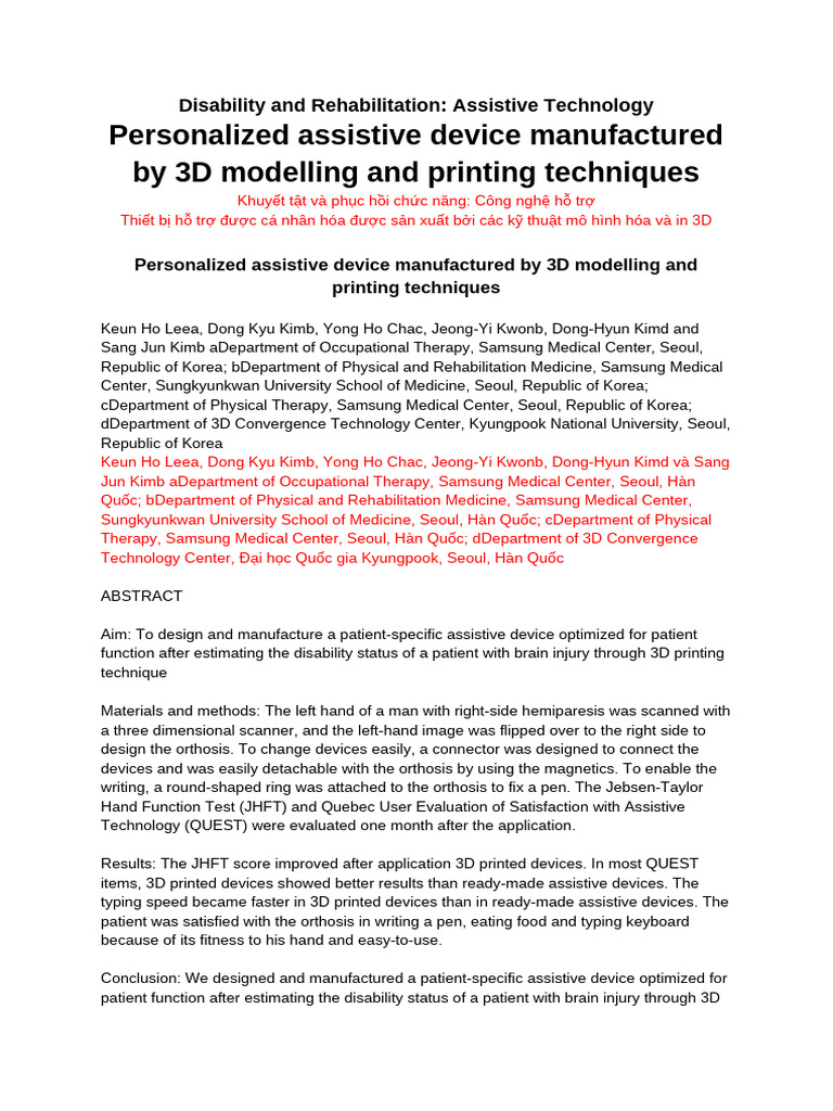 (2018) Personalized Assistive Device Manufactured by 3D Modelling and Printing Techniques ...