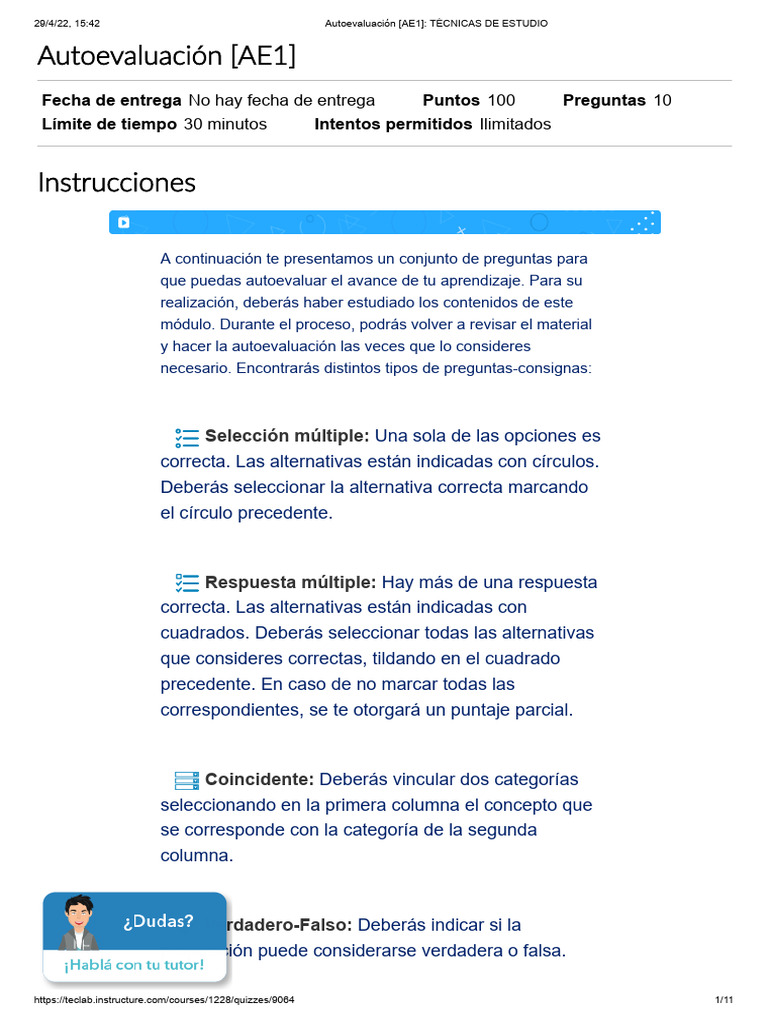 Autoevaluación (Ae1) - Técnicas de Estudio | PDF