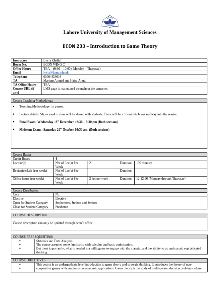 Game Theory Course at LUMS: ECON 233 | PDF | Game Theory | Economics Of ...