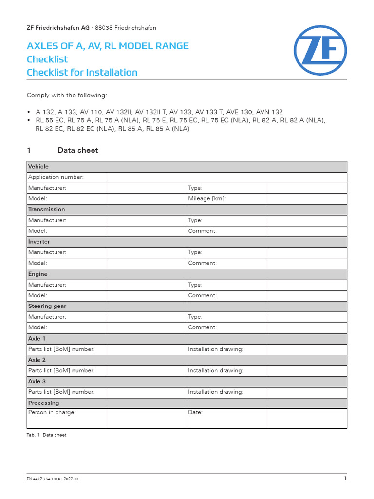 Axles of A, Av, RL Model Range Checklist Checklist For Installation | PDF