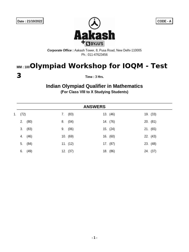 Olympiad Workshop IOQM Test-3A - Class VIII To X (21-10-2022) - Ans ...
