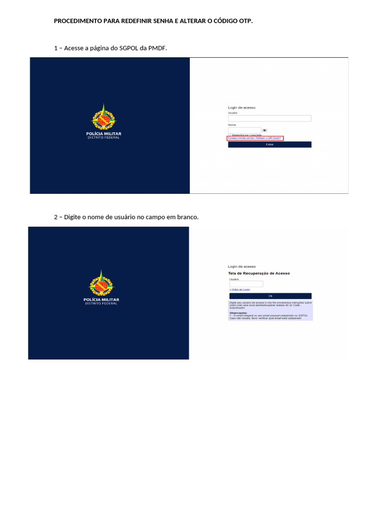 Procedimento para Redefinir Senha e Alterar o Código Otp | PDF