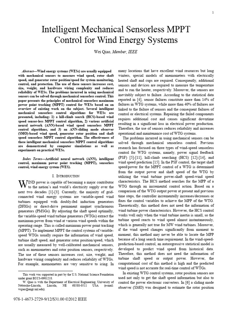 Intelligent Mechanical Sensorless MPPT Control For Wind Energy Systems | PDF