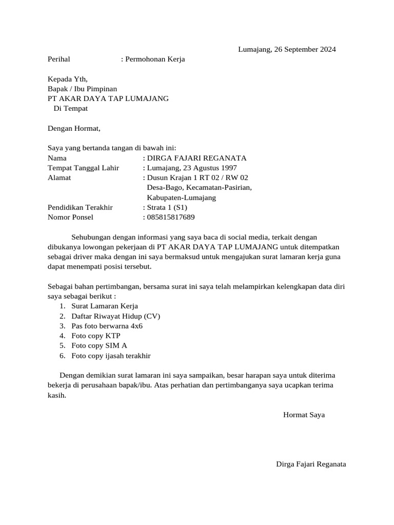 surat lamaran dirga pt akar daya | PDF