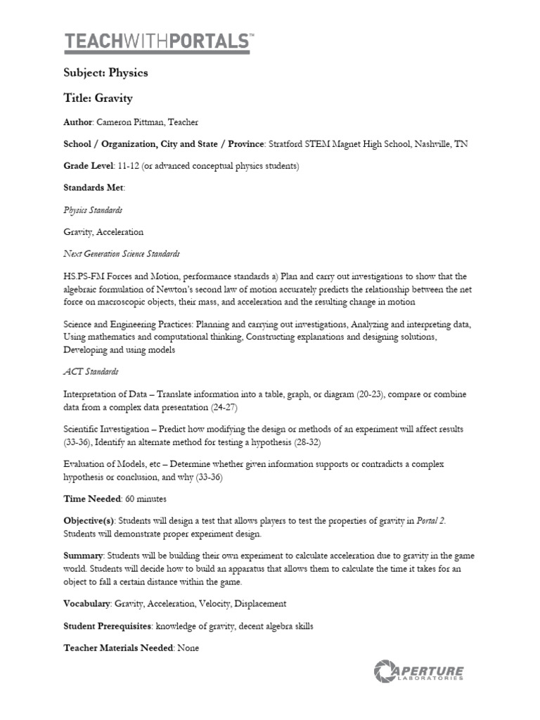 Portal 2 Lesson Plan Gravity - CP1 | PDF