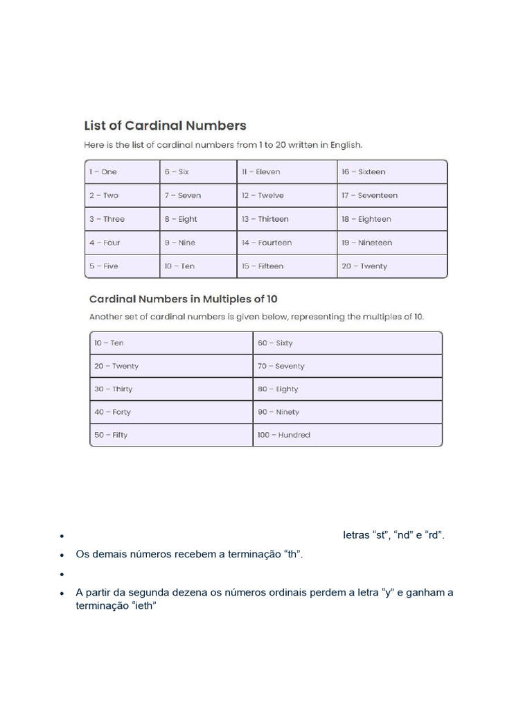 Números Cardinais e Ordinais em Inglês | PDF