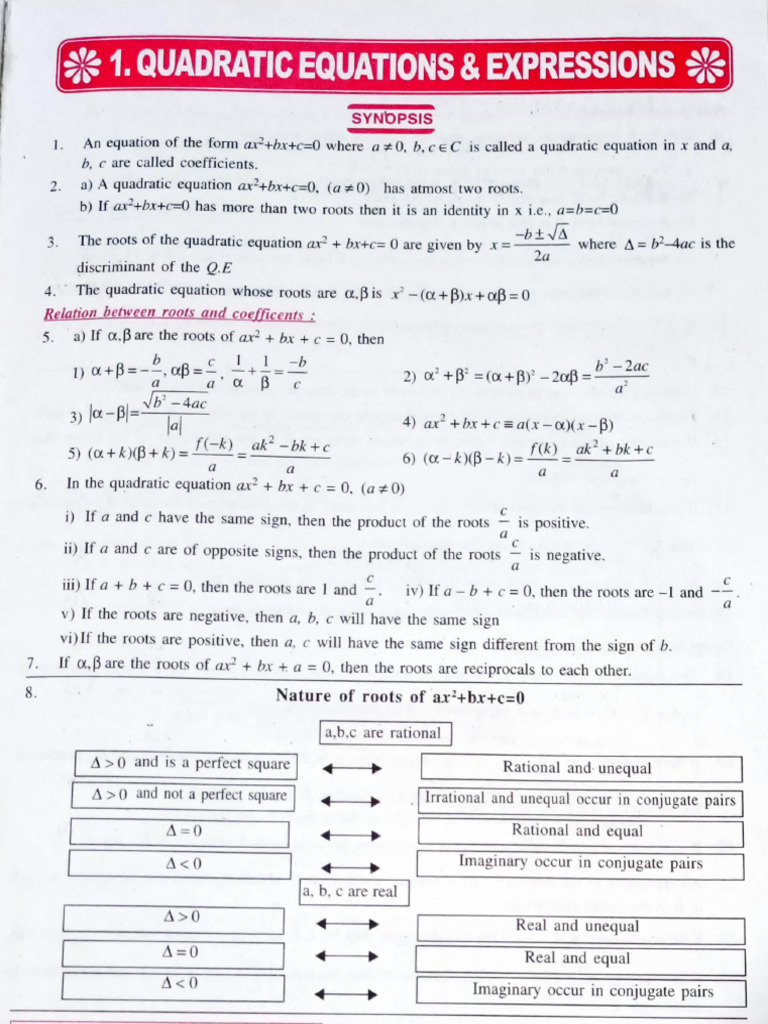 Quadratic Equations Synopsis - JEE Main & Adv | PDF