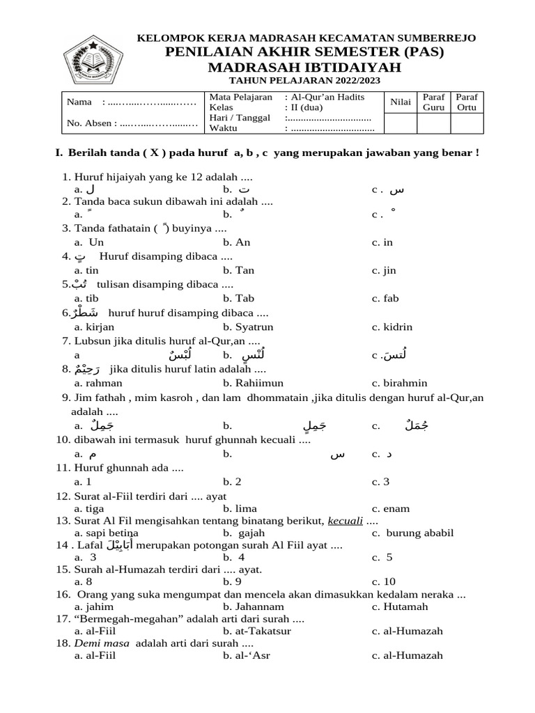Soal Al Qur'an Hadits Kelas 2 Penilaian Akhir Semester | PDF