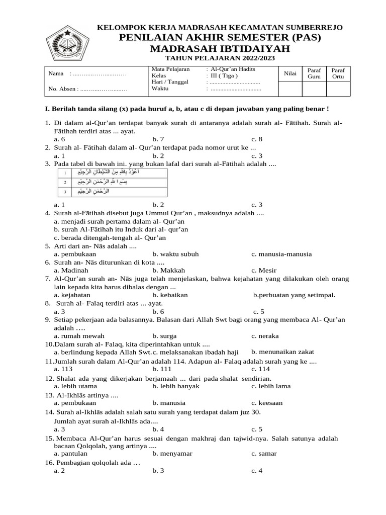 Soal Al Qur'an Hadits Kelas 3 Penilaian Akhir Semester | PDF
