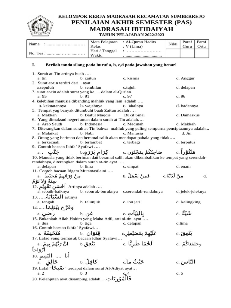 Soal Al Qur'an Hadits Kelas 5 Penilaian Akhir Semester | PDF