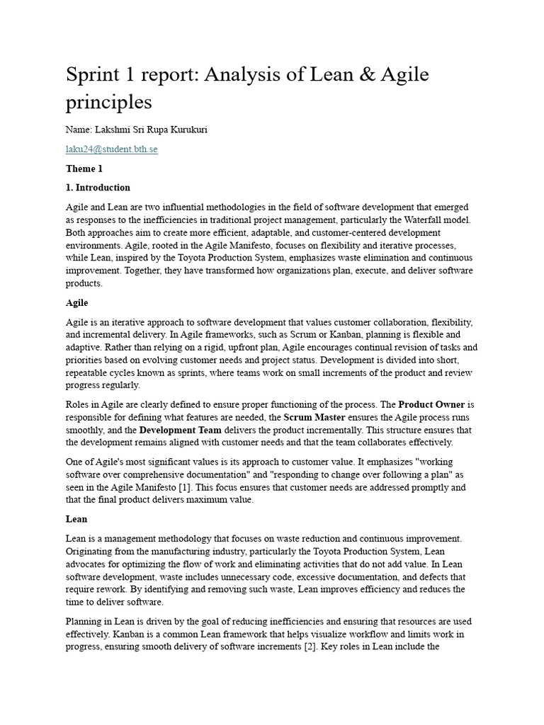 PA2580 - Sprint1 - Report - Analysis of Lean & Agile Principles - KLSRupa | PDF