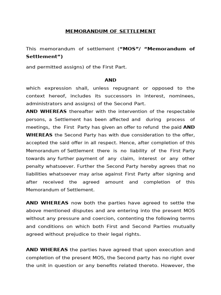Memorandum OF Settlement | PDF