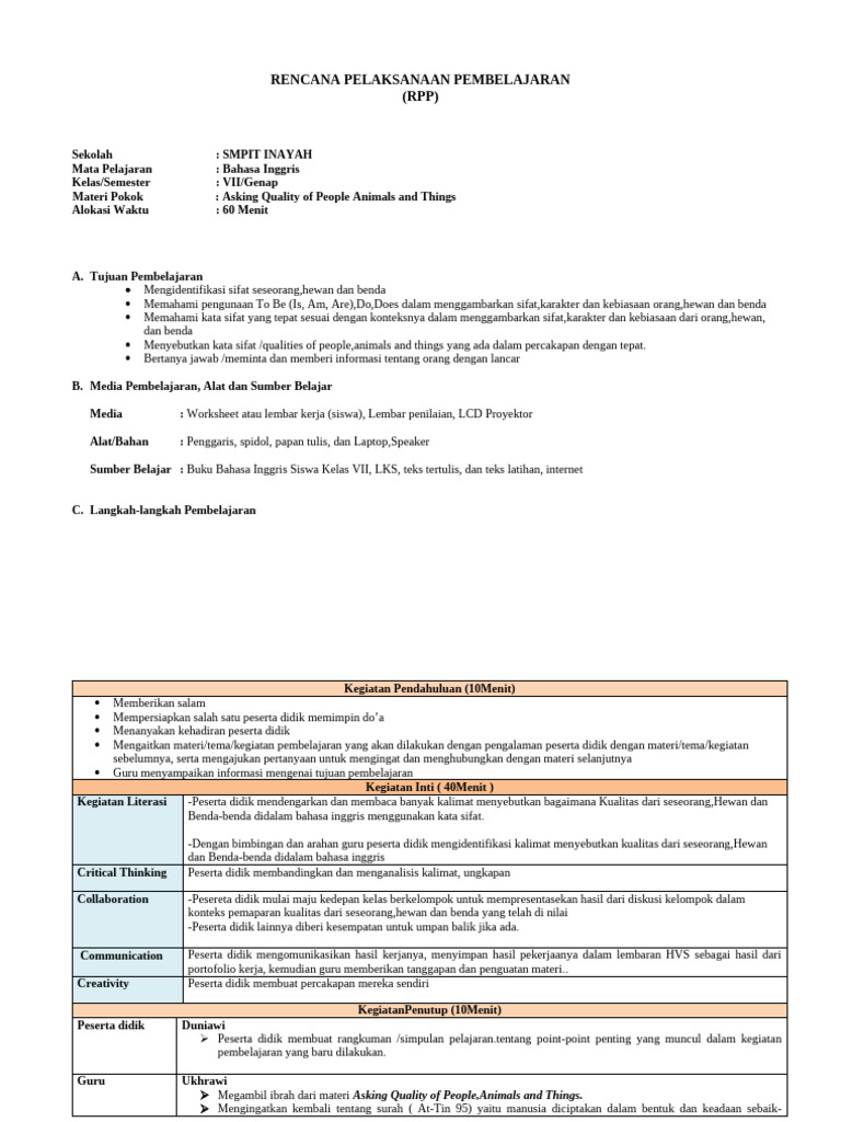 RPP KELAS VII SEMESTER II | PDF