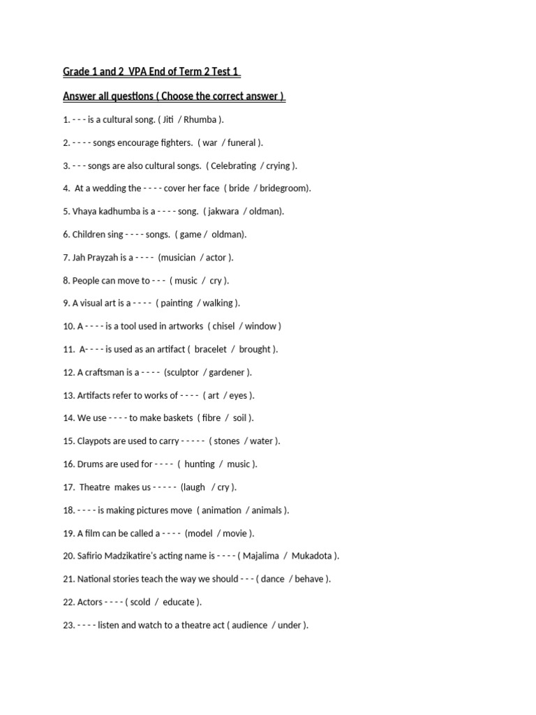 Grade 1 and 2 VPA End of Term 2 Test 1 | PDF