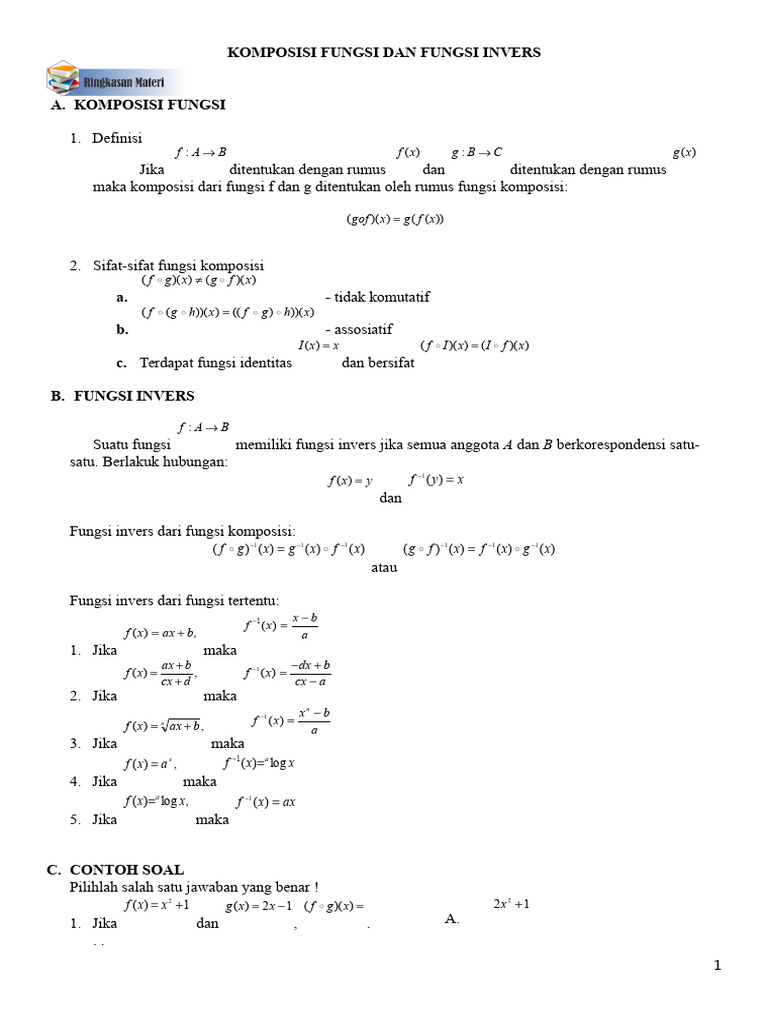 Latihan Soal Komposisi Fungsi Dan Fungsi Invers Kelas 11 Semester 1 | PDF